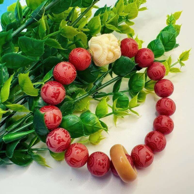 GalaxGrace Red Six-Character Mantra Carved White Jade Bodhi Root Brace ...